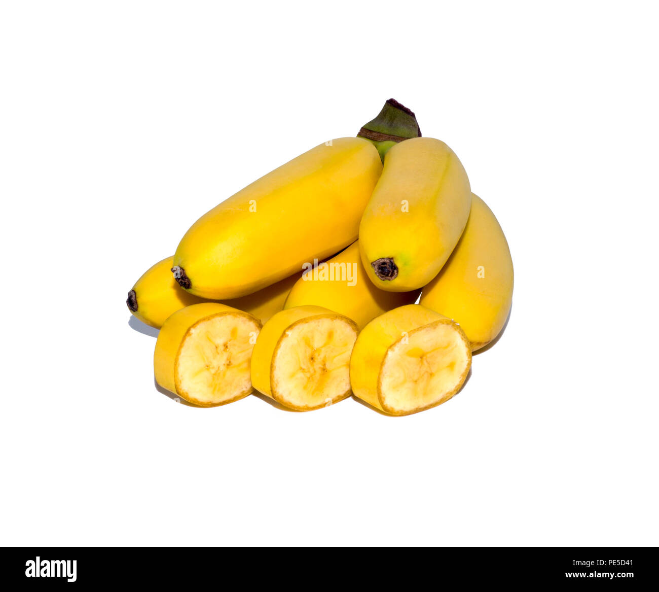 yellow ripe mini bananas isolated on white background. object, fruit ...