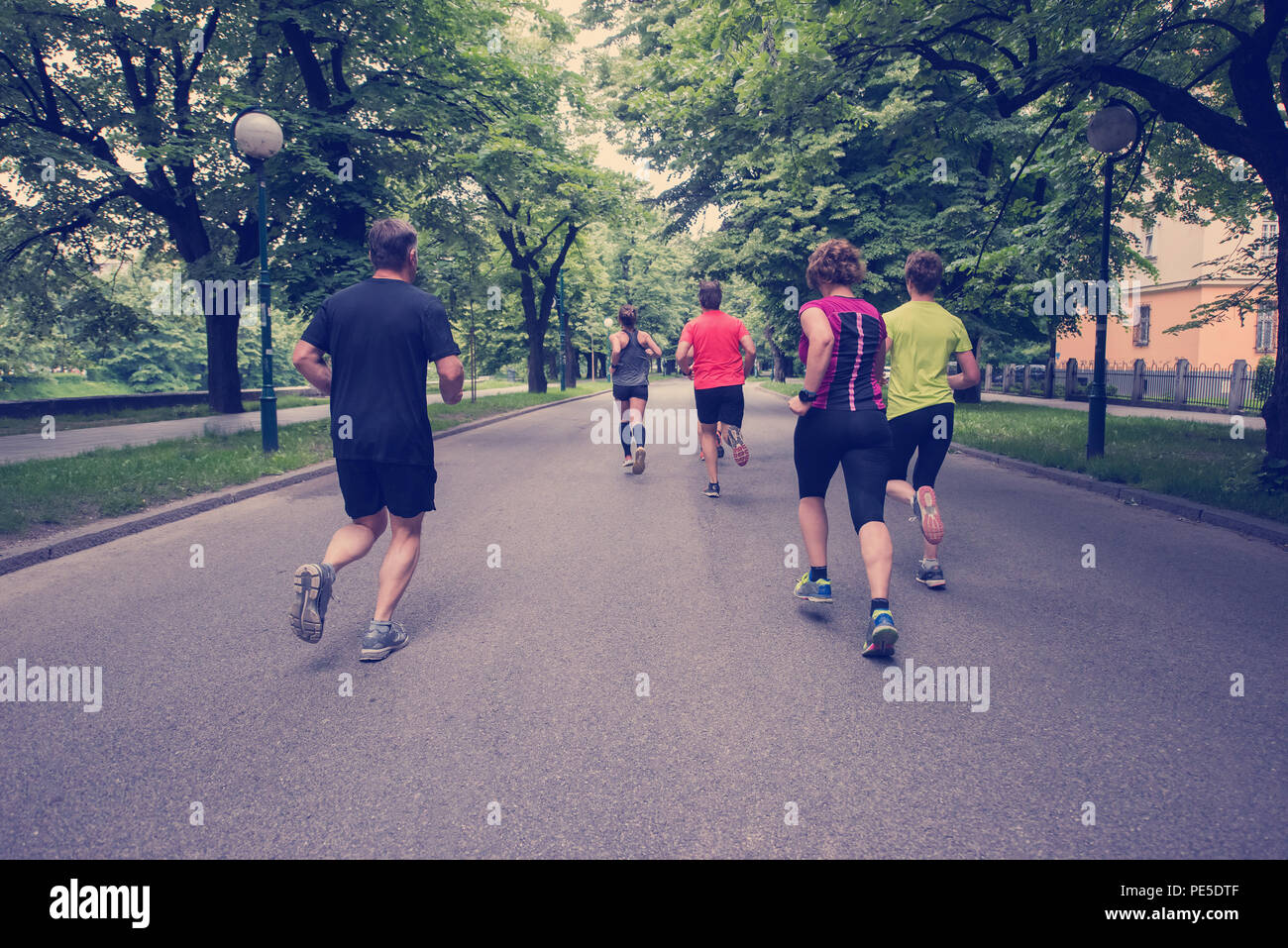 group of healthy people jogging in city park, runners team on morning ...