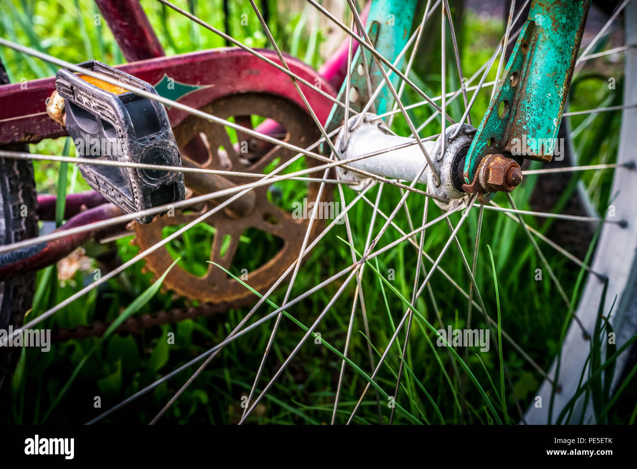 Vintage bike wheel spokes. Rusted aqua green Stock Photo - Alamy