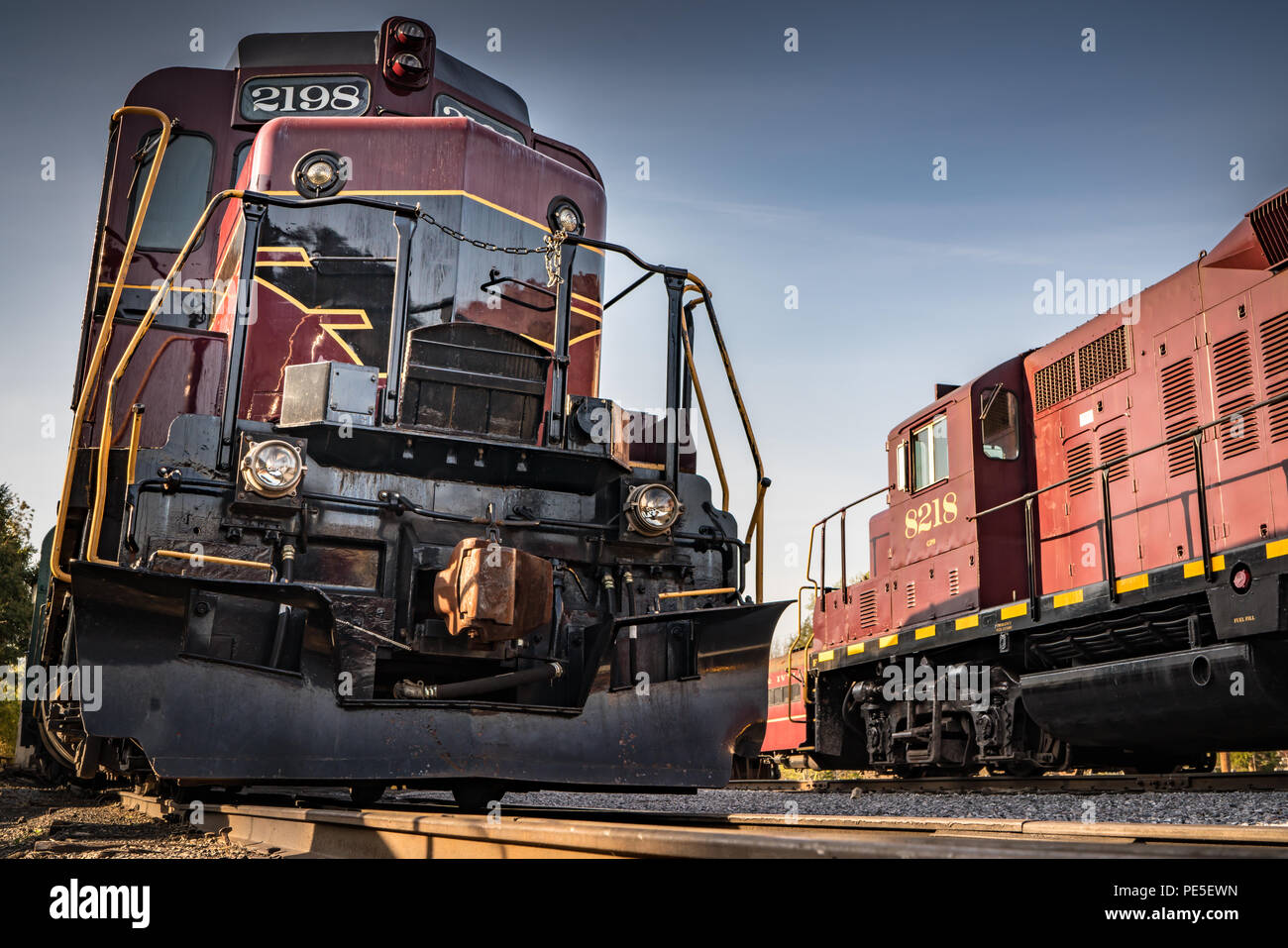 Low angle of train locomotive. Red Sunny Stock Photo - Alamy