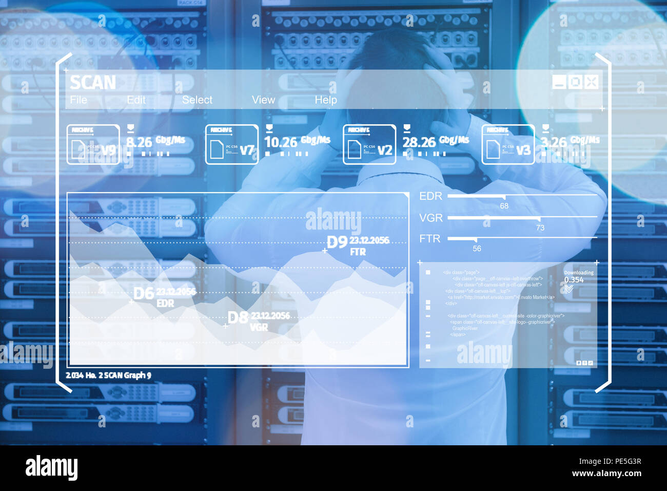 business man in network server room have problems and looking for ...
