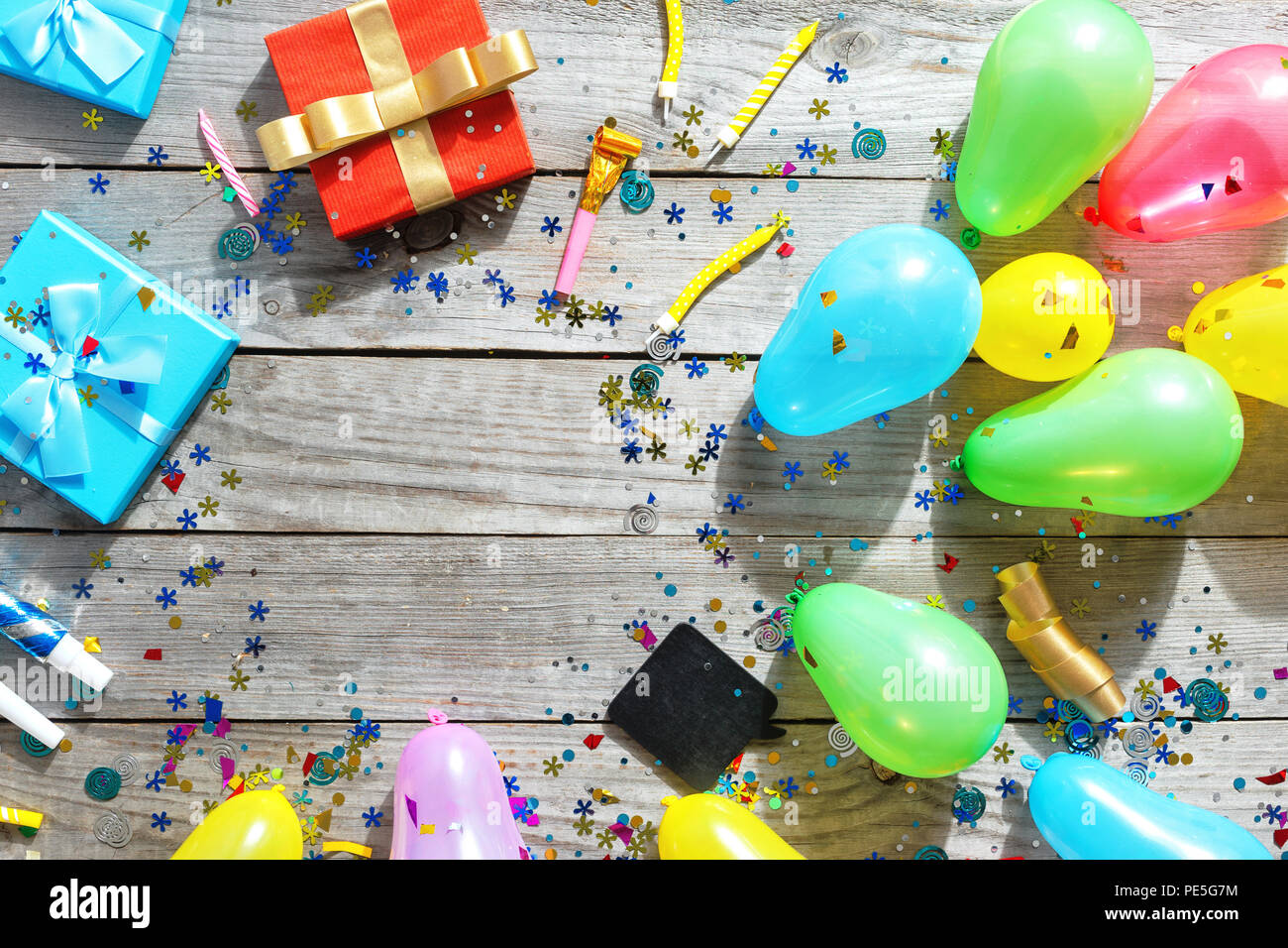 Top view birthday party background. Frame of various decoration party ...