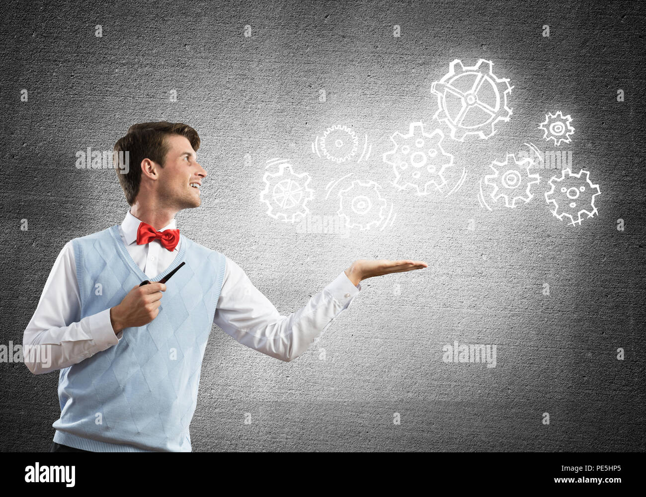 Elegant banker wearing red tie and gears as teamwork concept Stock ...