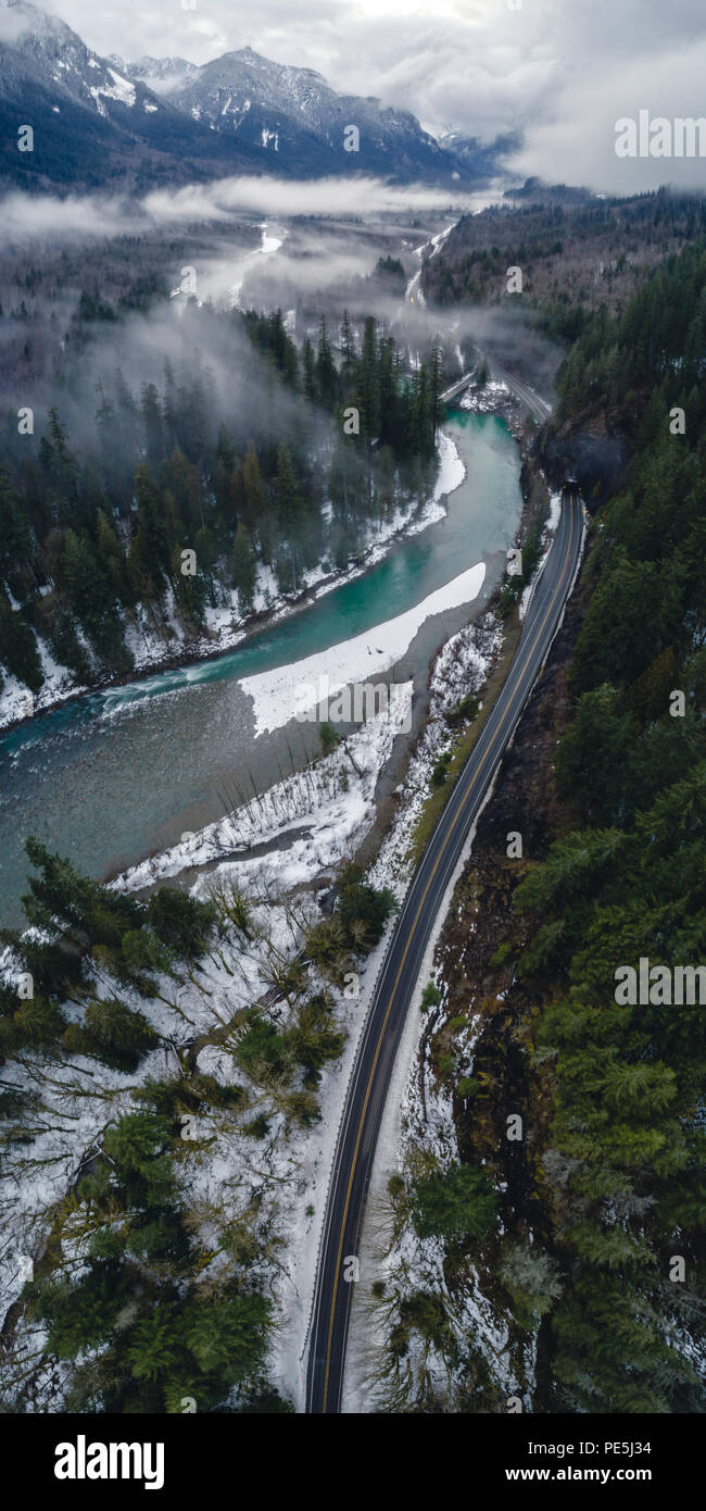 Tall colorful wilderness backroad drone shot in Washington State Stock ...