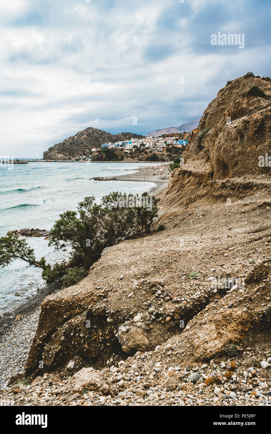 Crete, Greece. beach with rocks and cliffs with view towards sea ovean ...