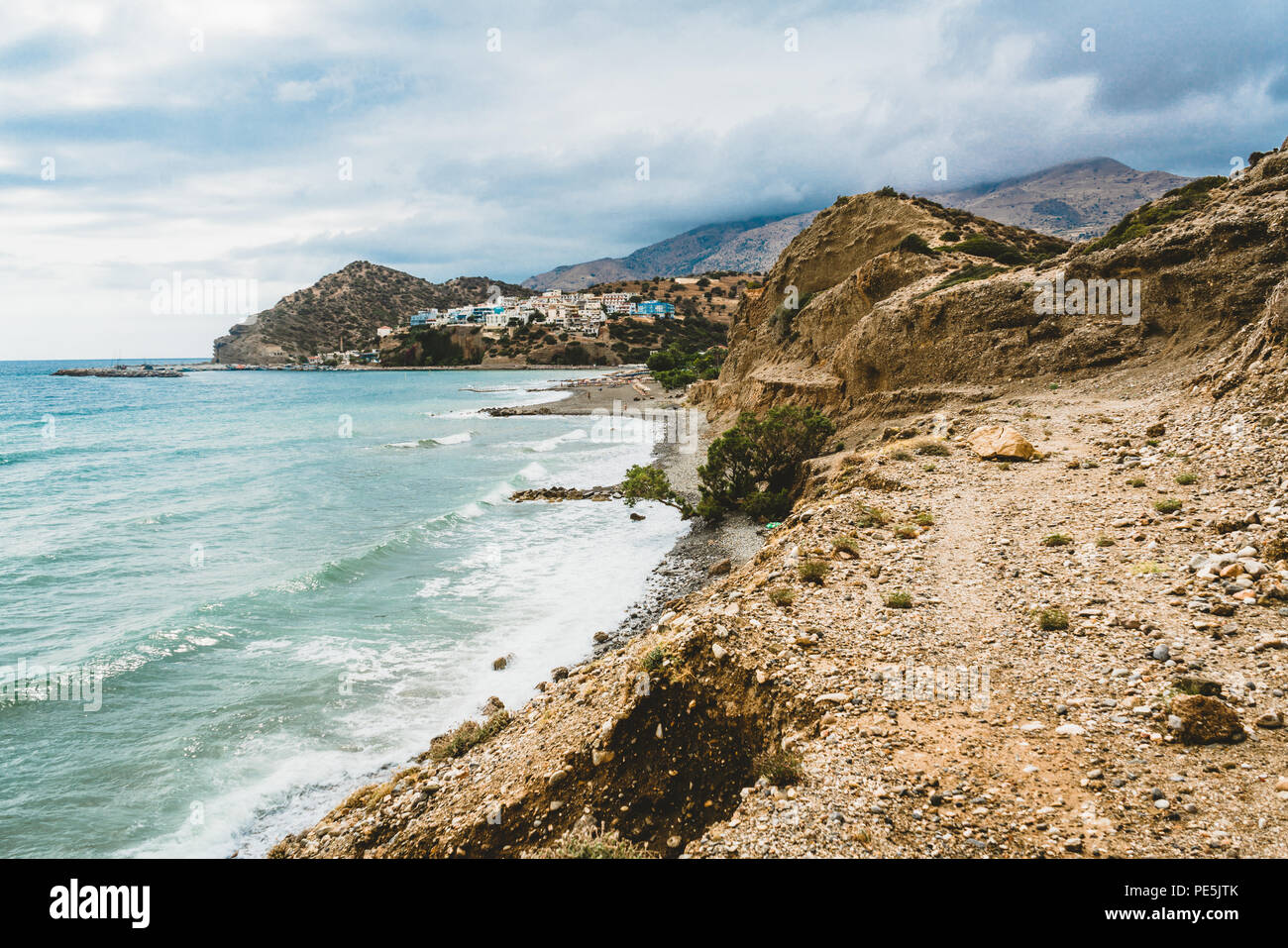 Crete, Greece. beach with rocks and cliffs with view towards sea ovean ...