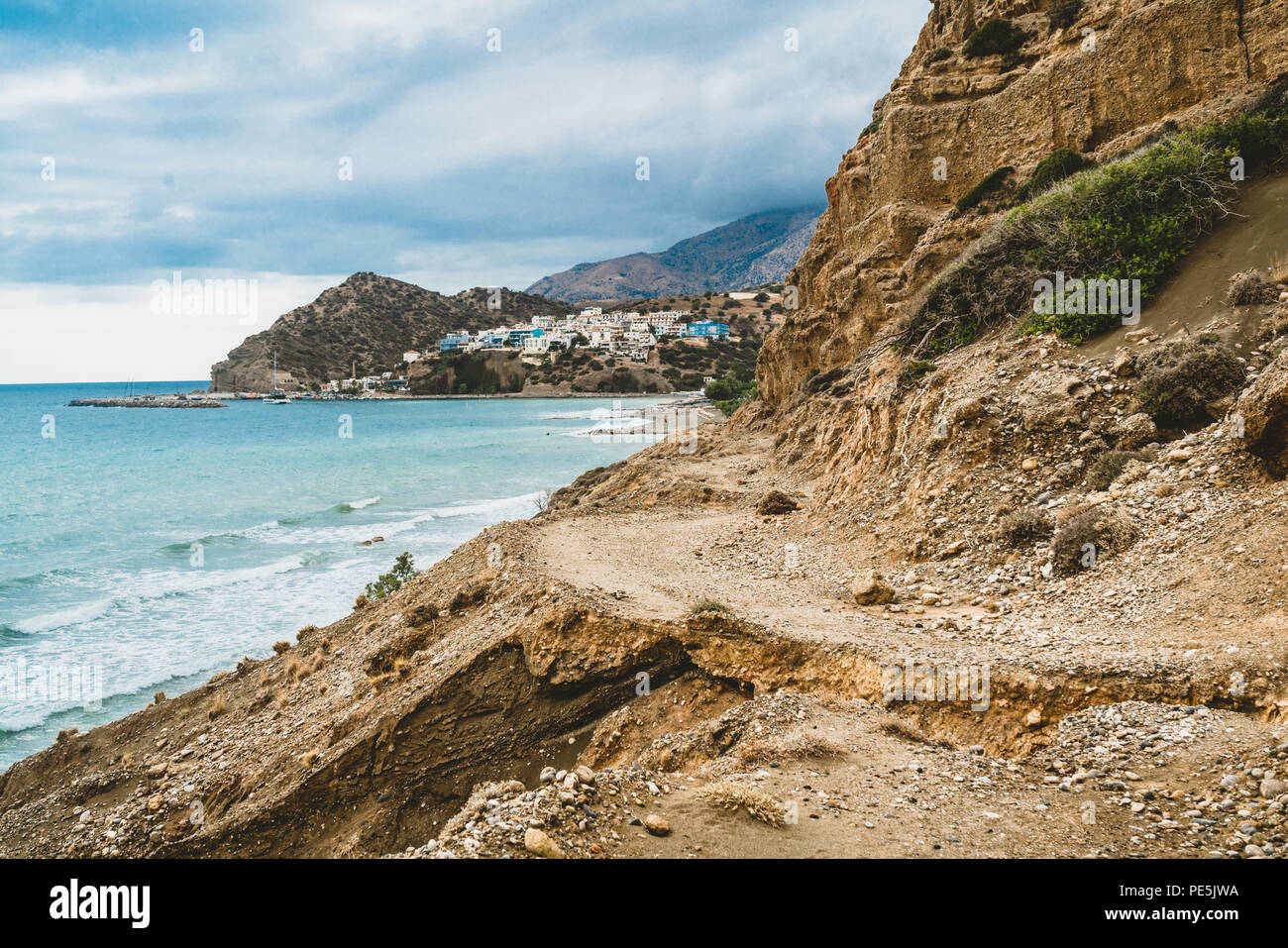 Crete, Greece. beach with rocks and cliffs with view towards sea ovean ...