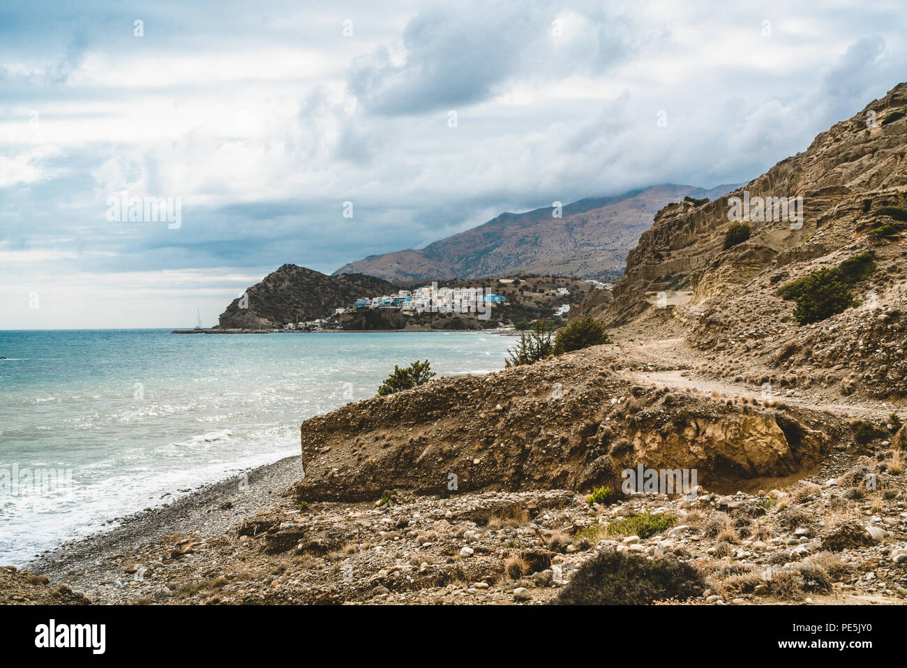 Crete, Greece. beach with rocks and cliffs with view towards sea ovean ...