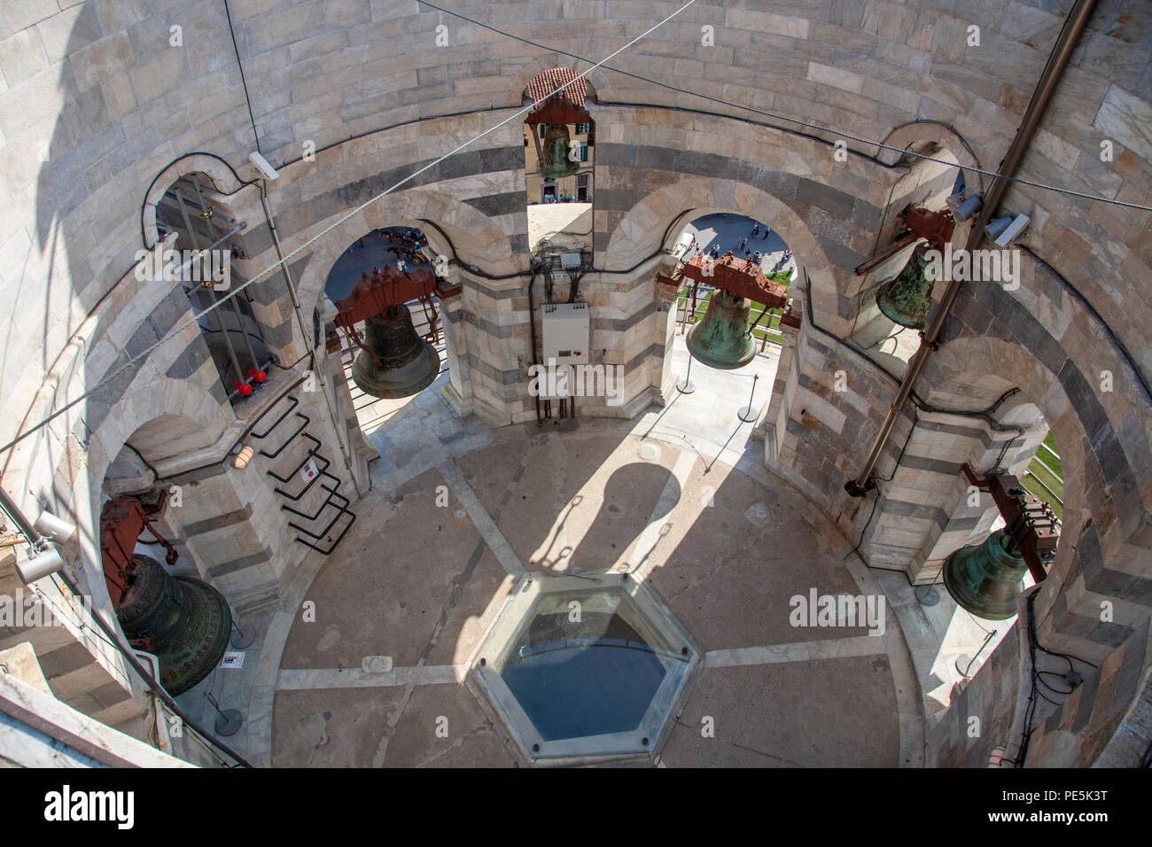 The bells at the top of the Leaning Tower of Pisa, Italy Stock Photo ...
