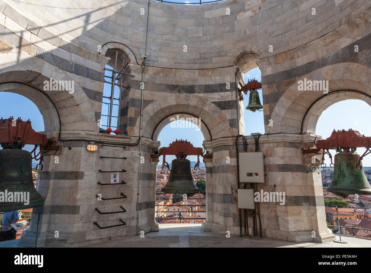The bells of the top of the Leaning Tower of Pisa, Italy Stock Photo ...