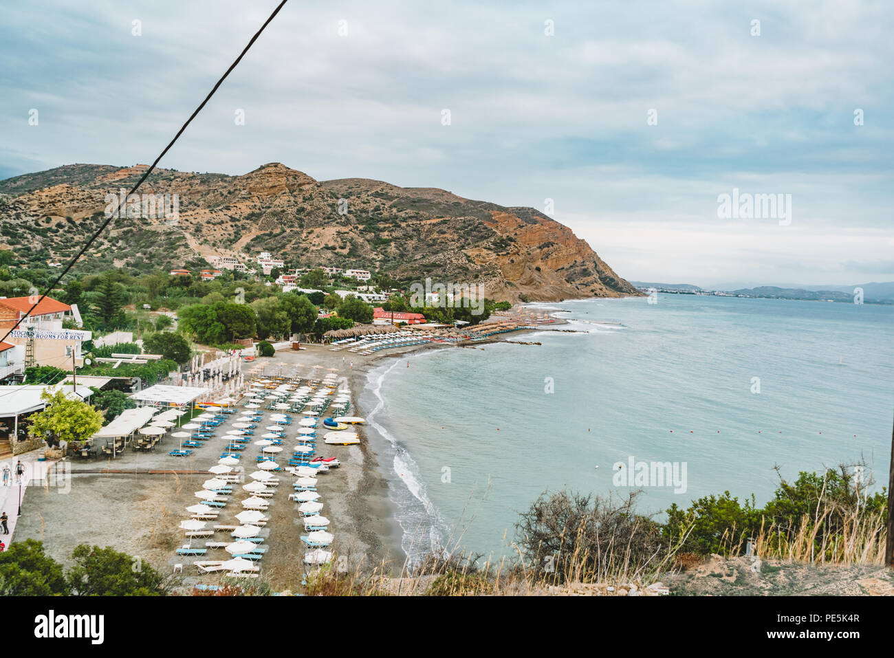 Aerial Top Panorama view of Aghia Galini beach at Crete island in ...