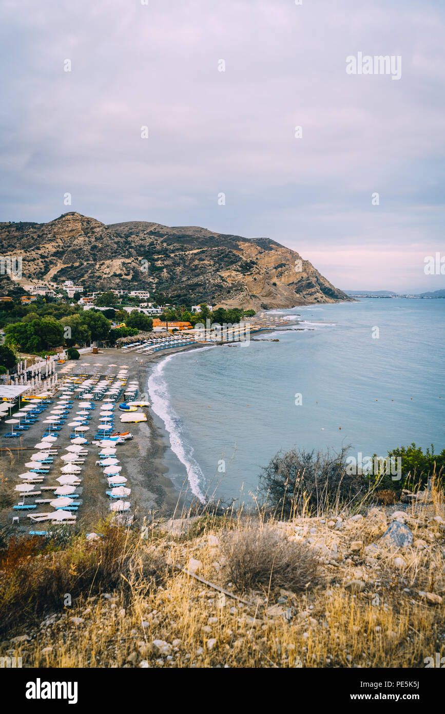 Aerial Top Panorama view of Aghia Galini beach at Crete island in ...