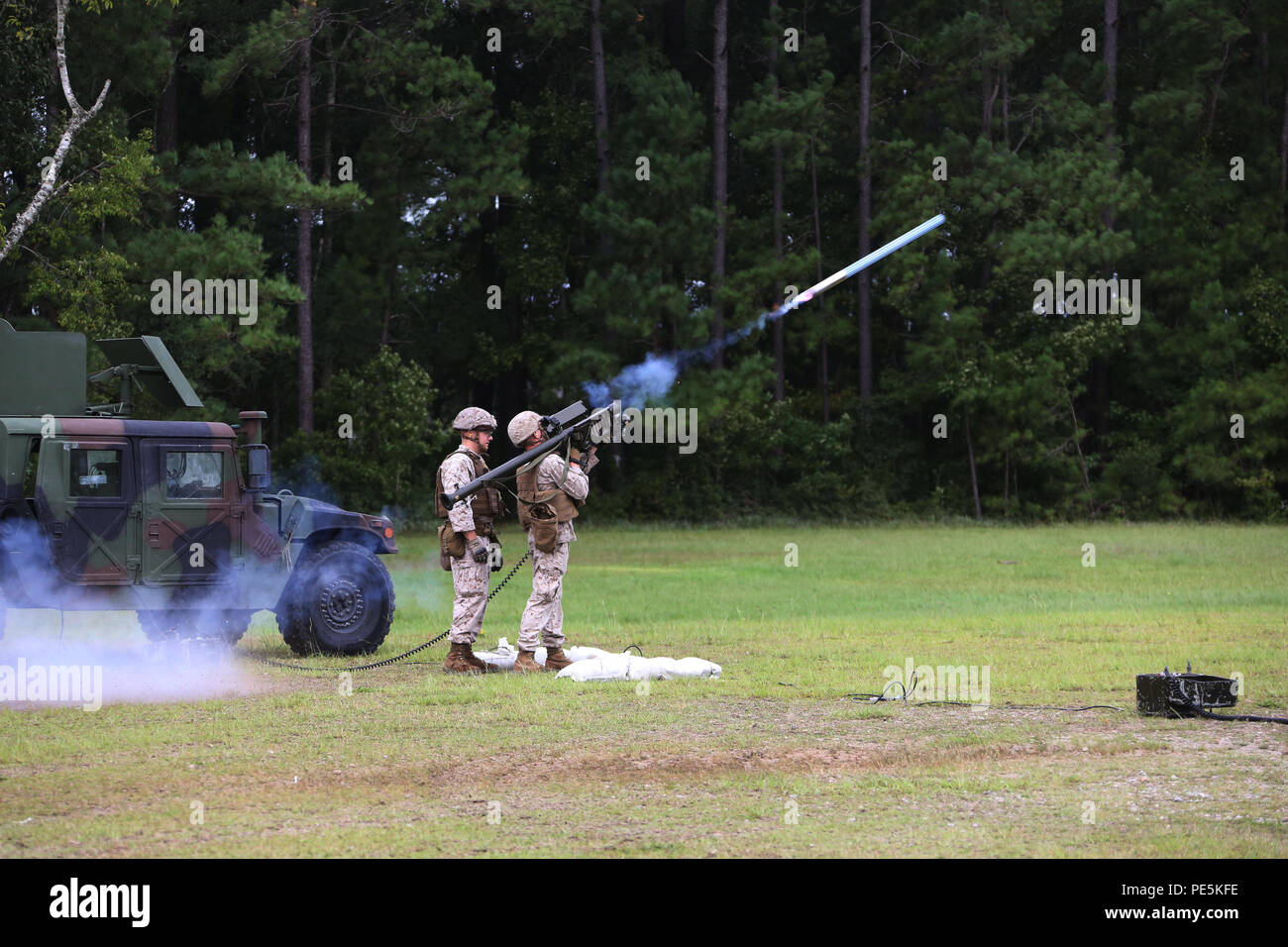 A Marine fires a dummy round into the air during a stinger simulation ...