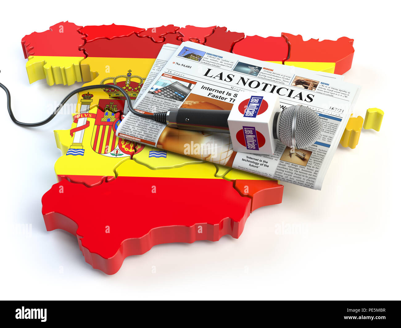 Spanish news, press and journalism concept. Microphone and newspaper ...