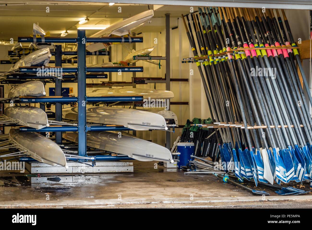Rowboats and paddles for rowing stored in a warehouse Stock Photo - Alamy