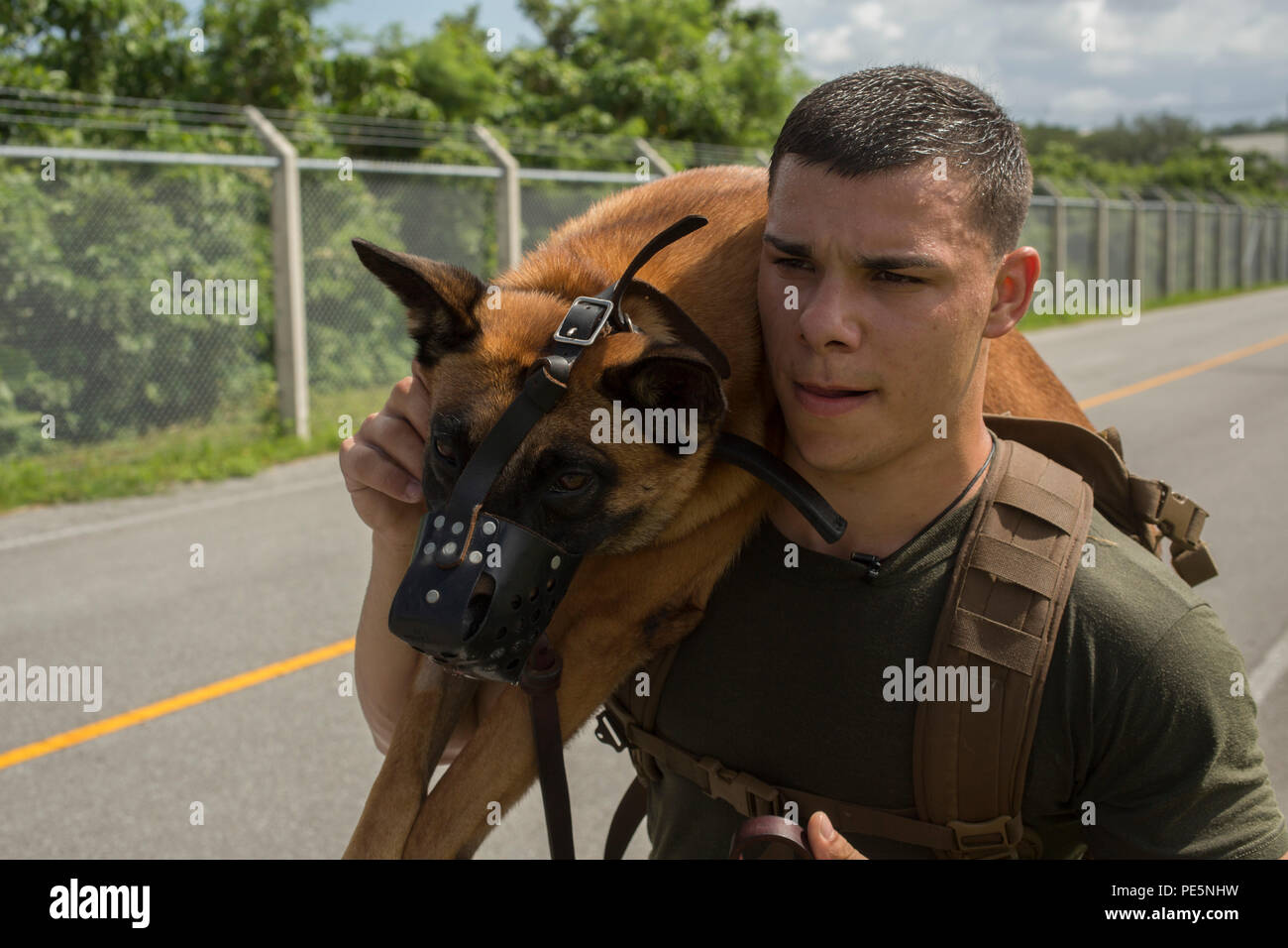 Lance Cpl. Donald Hesse carries his dog Dasty at the end of a ...