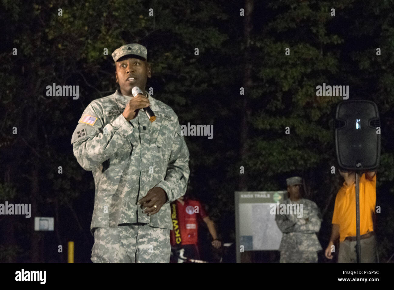 Lt. Col. Randall Freeman, M.D., HRC command surgeon, speaks to racers ...