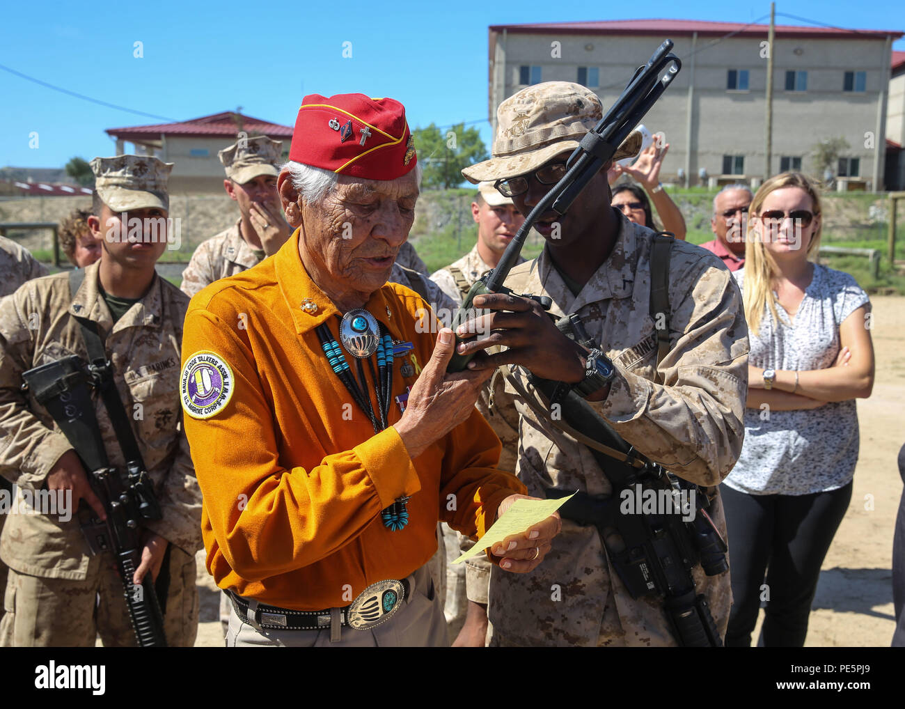 Navajo Code Talker Roy Hawthorne relays a message in Navajo to fellow ...
