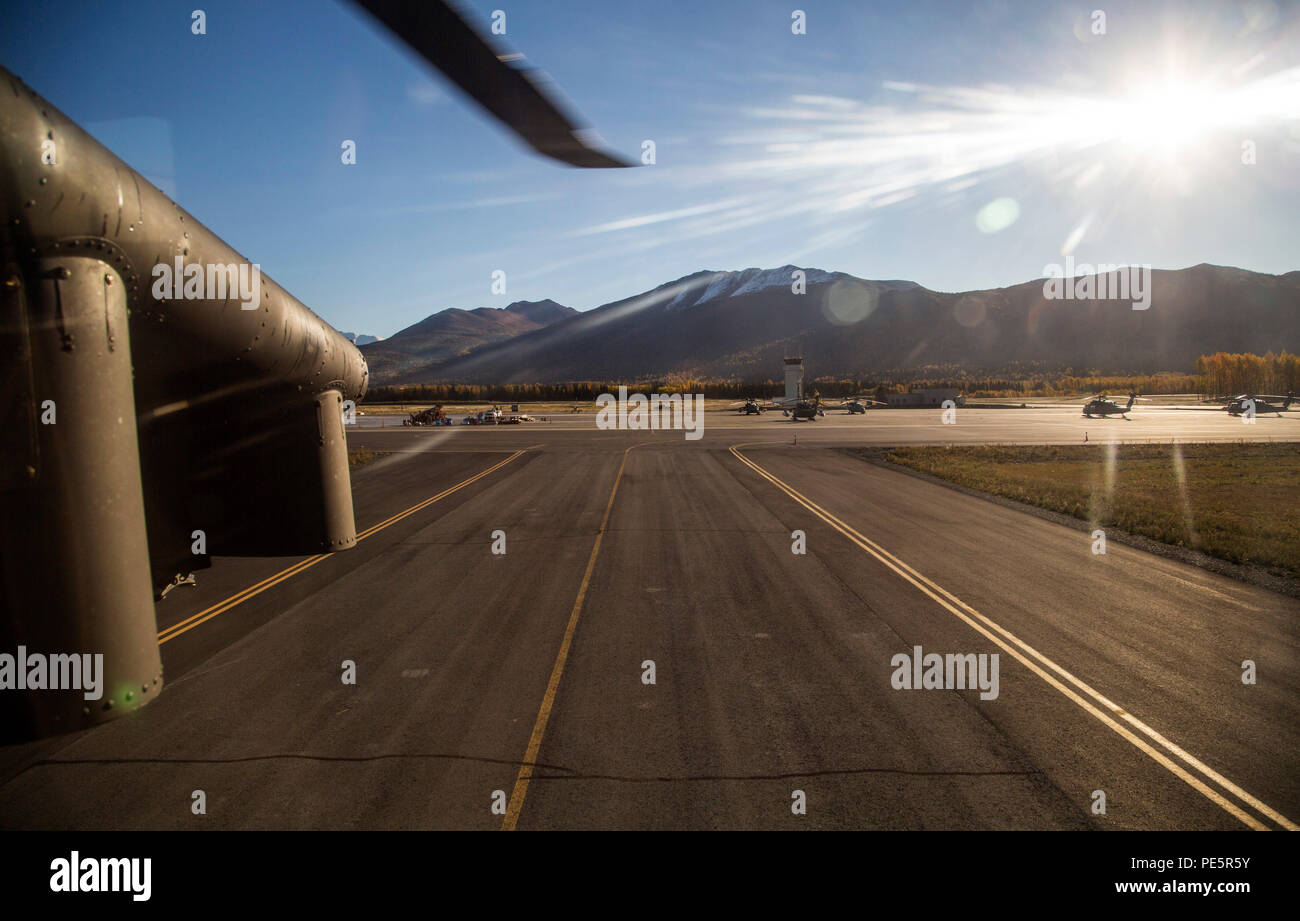 The view of Bryant Army Airfield as seen from a hovering UH-60 Black ...