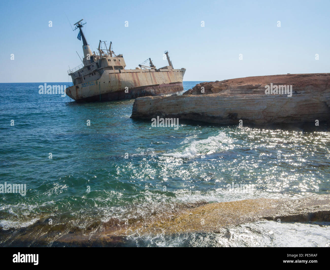 An abandoned shipwreck aground on rocks in Cyprus Stock Photo - Alamy