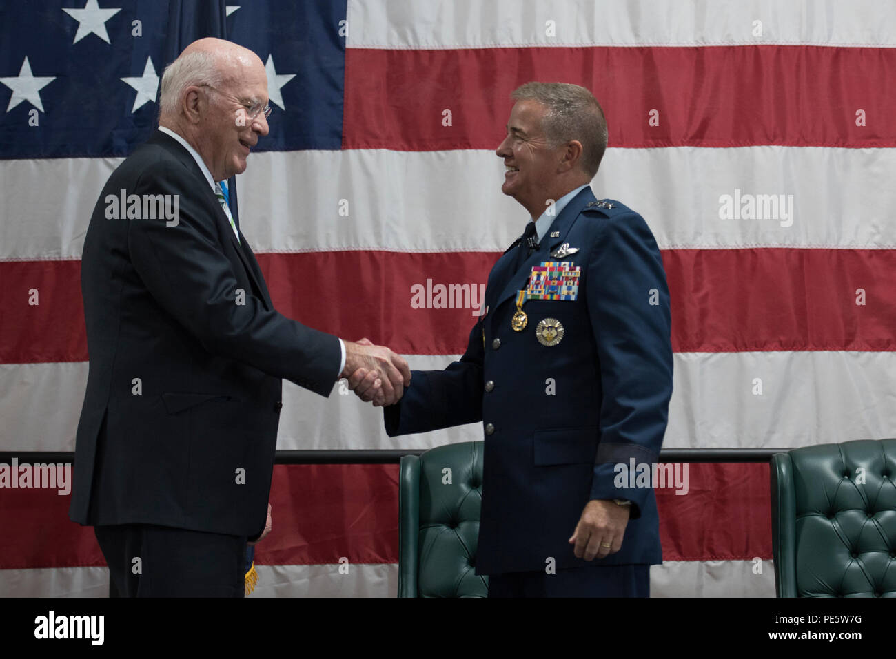 U.S. Sen. Patrick Leahy congratulates U.S. Air Force. Lt. Gen. Michael ...