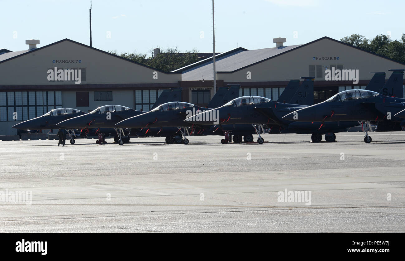Five F-15E Strike Eagles rest on the flightline at Barksdale Air Force ...