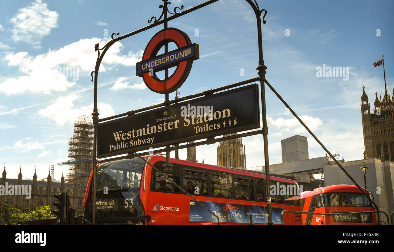 Sign above the entrance to Westminster tube station in London, with red ...