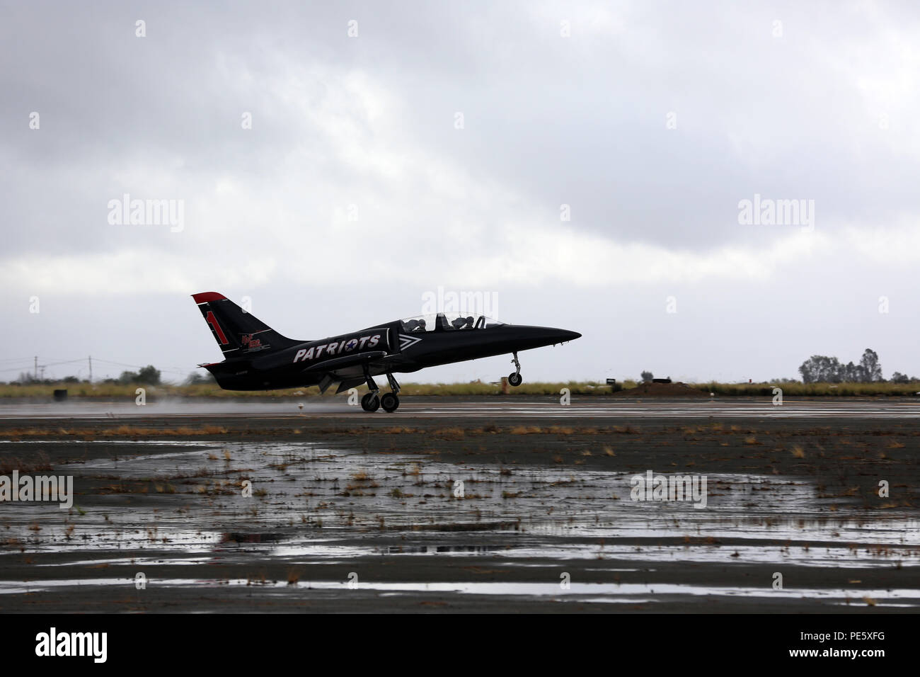 A member of the Patriots L-39 Jet Team lands on the flight line during ...