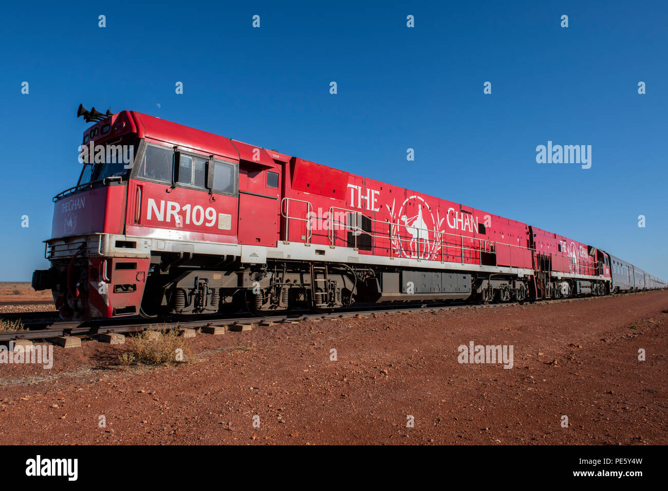 Australia, South Australia, Manguri train stop. The Ghan Train showing ...