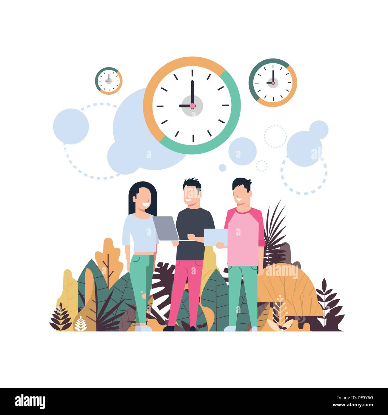 clock man woman cominicating punctuality concept over flat Stock Vector ...