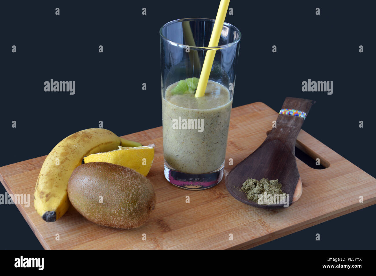 fruit shake with kiwi, banana, lemon juice and hemp protein Stock Photo ...