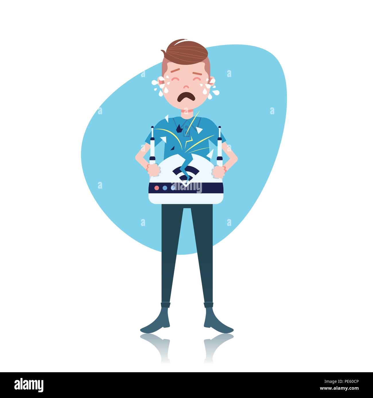 crying man character with broken wireless drone controller template for ...