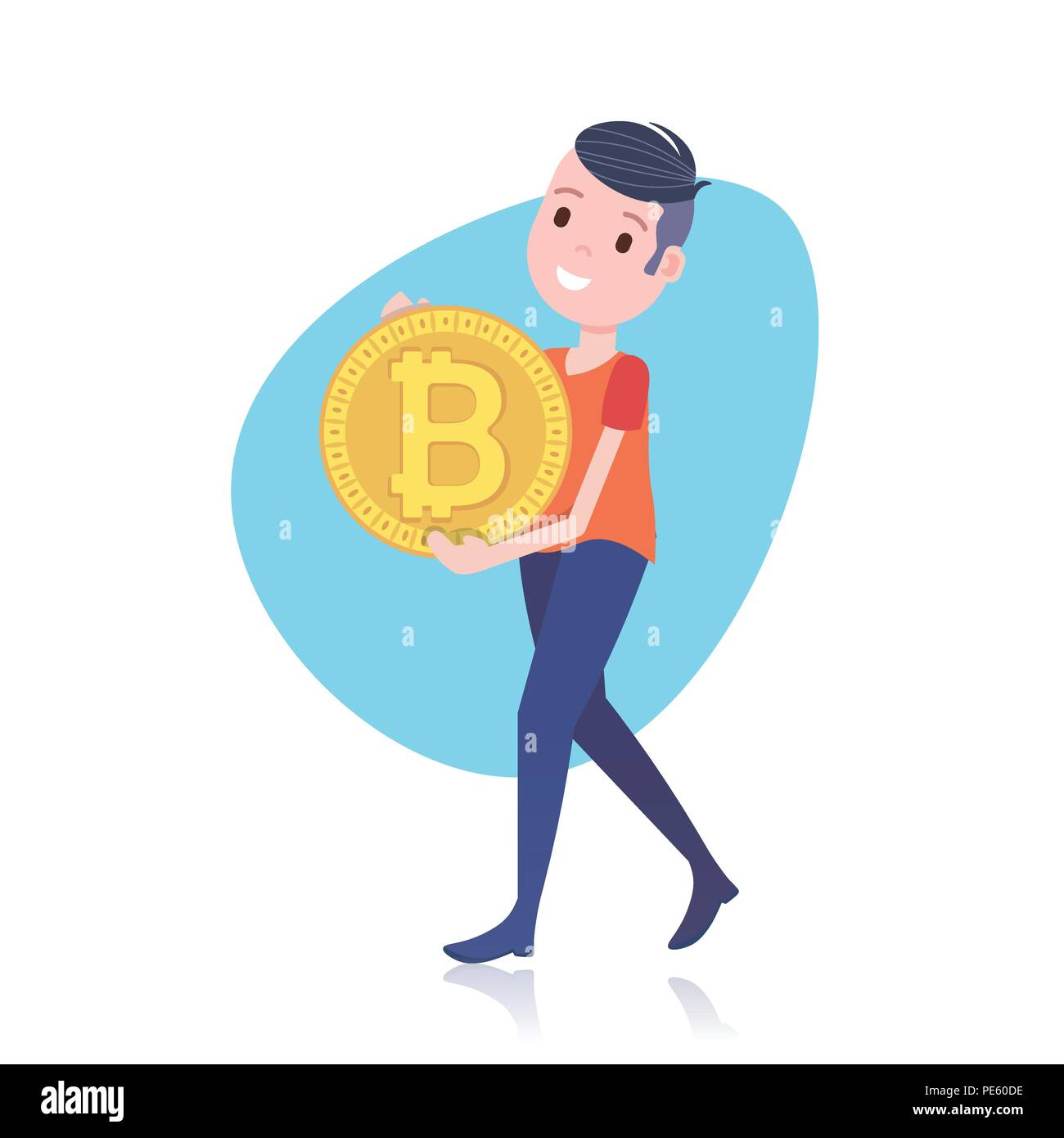smiling man character holding bitcoin mining crypto currency template ...