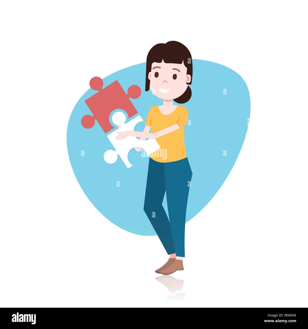 woman character putting two pieces puzzle template for design work or ...