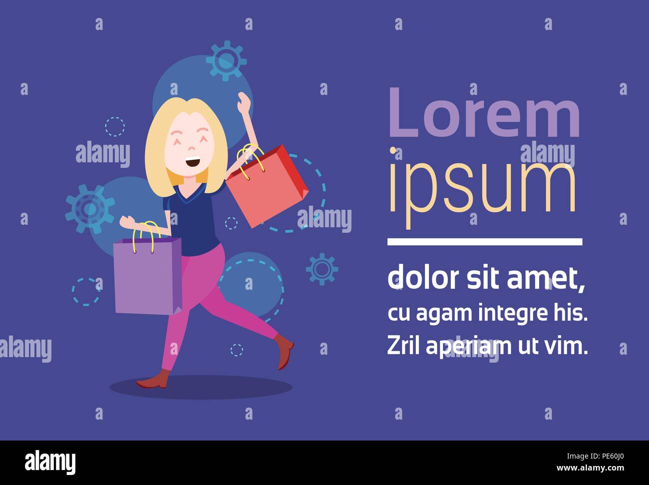 woman character holding shopping purchases bag template for design work ...