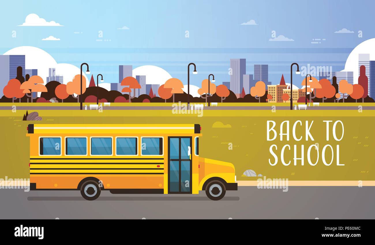 yellow bus back to school pupils transport concept on autumn cityscape ...