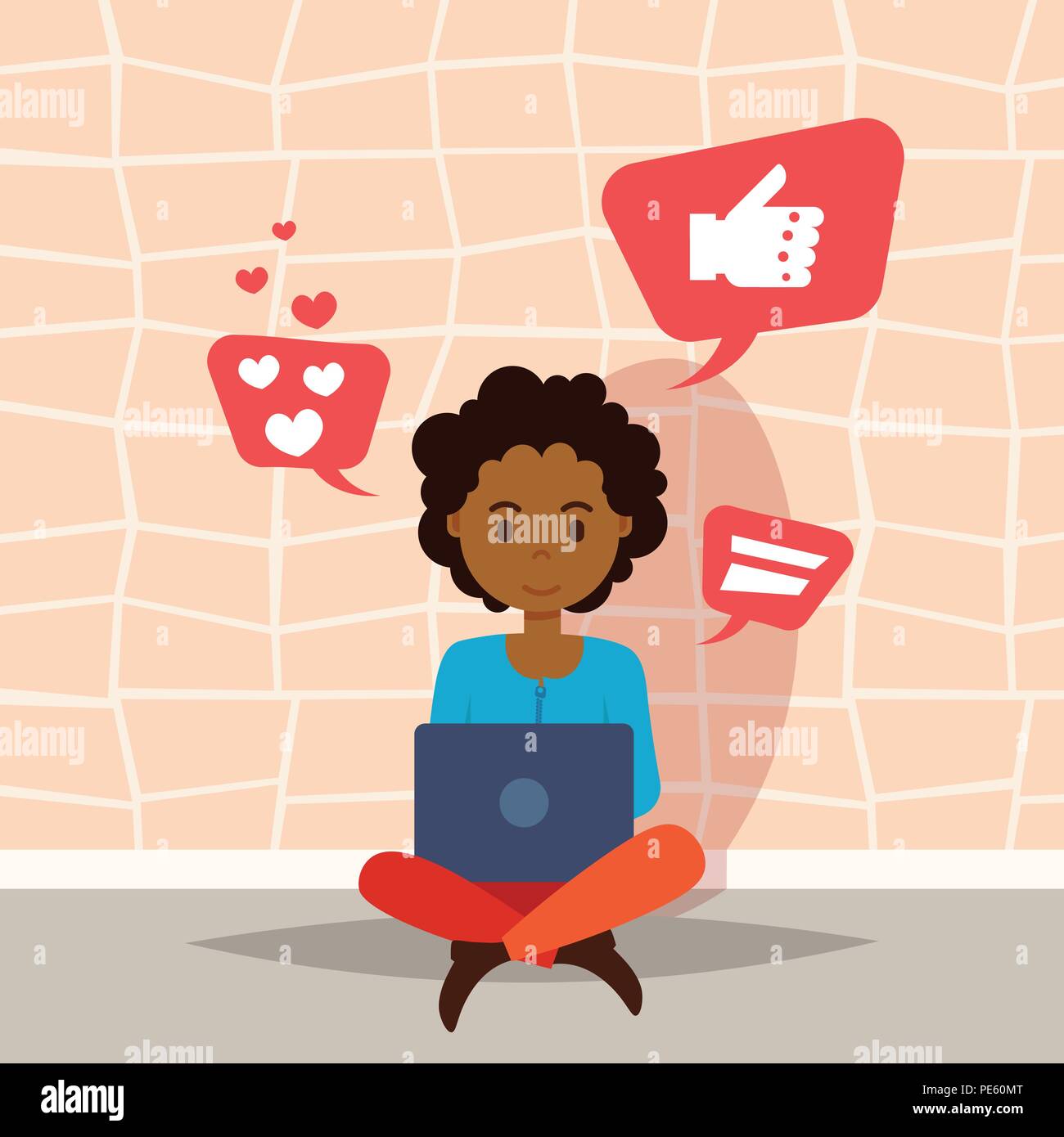 african woman using laptop thinking social media icons character ...