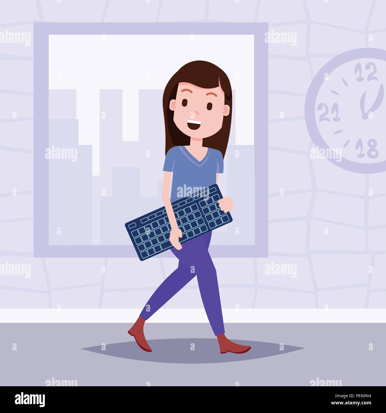 happy woman holding computer keyboard template for design work and ...