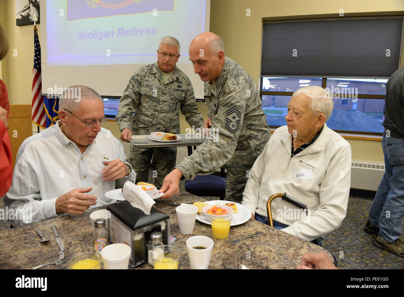 Chief Master Sgt. Kevin Muehler, the 119th Wing command chief, sets a ...