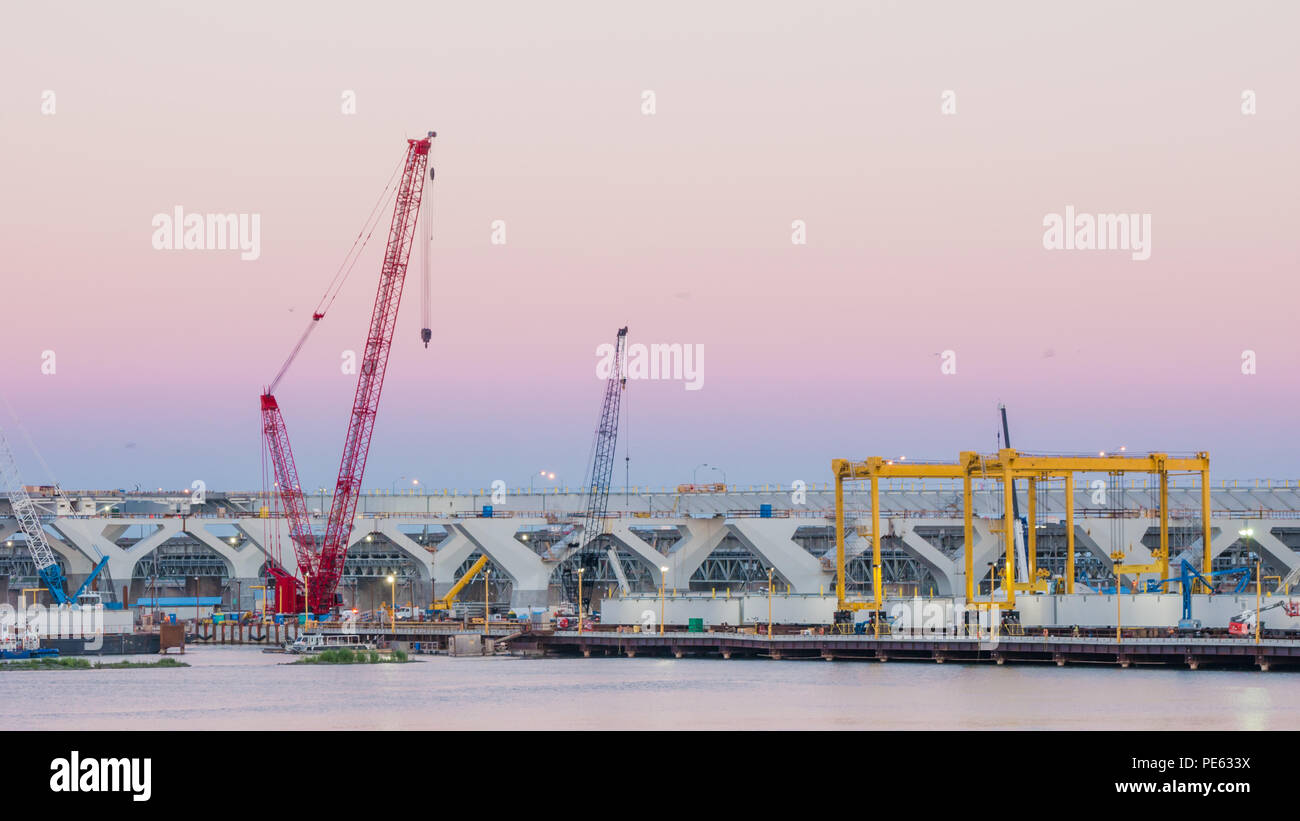 Major bridge construction site at the golden hour, Montreal, quebec ...