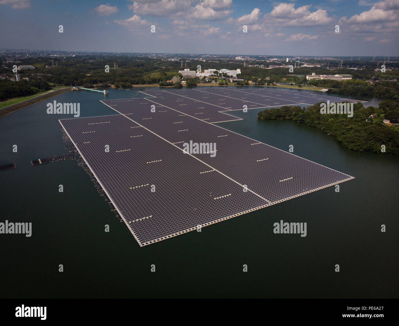 Aerial view of the largest 13.7MZ Floating Solar Power Plant in Japan ...