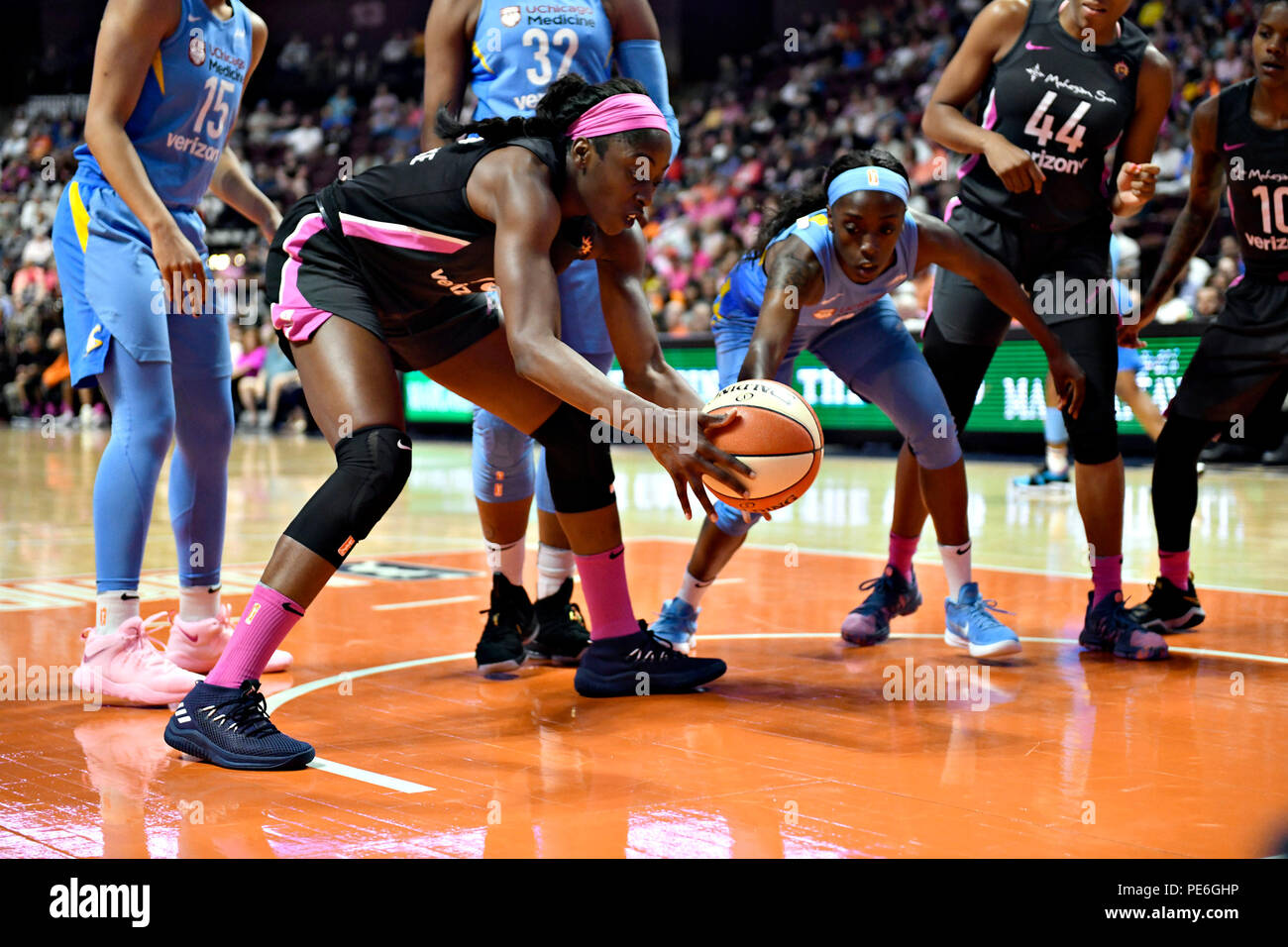 August, 2018:, Connecticut Forward, Chiney Ogwumike, grabs a loose ball ...