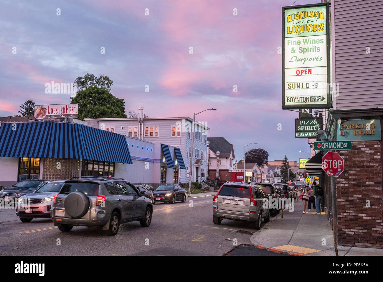 Traffic on Highland Street in Worcester, MA at night Stock Photo - Alamy