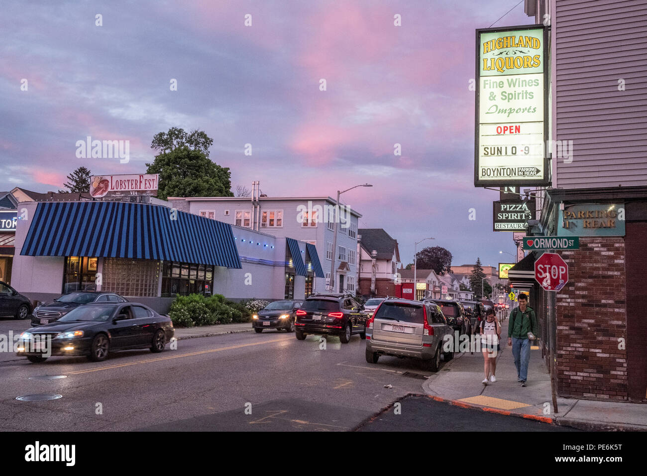 Traffic on Highland Street in Worcester, MA at night Stock Photo - Alamy