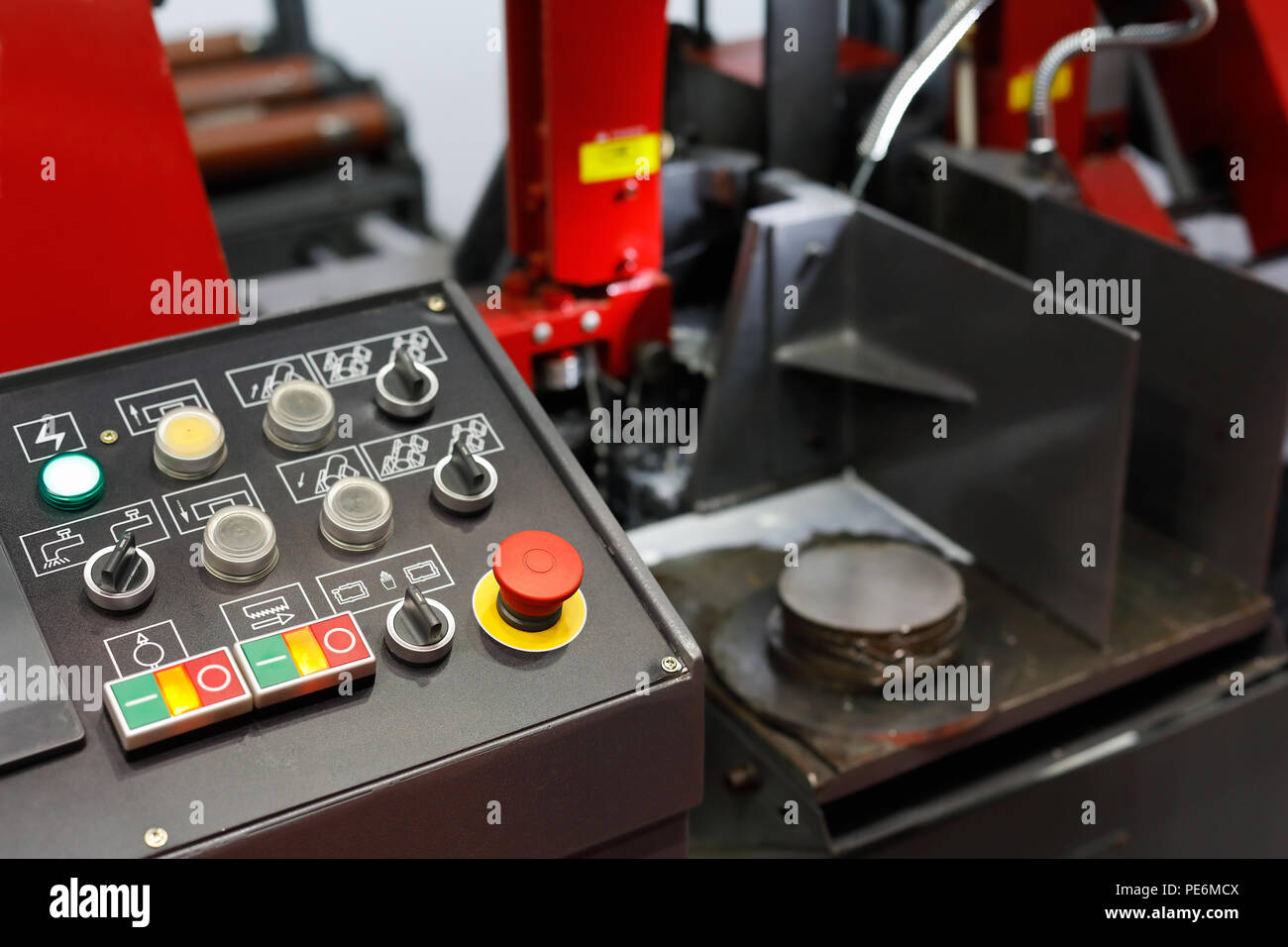 Control panel of automatic CNC metal cutting band saw. Selective focus ...