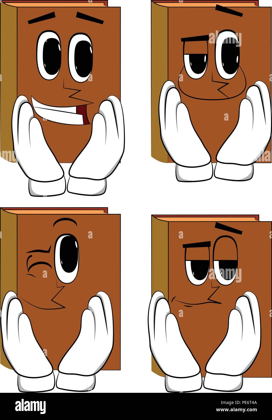 Books touching his face. Cartoon book collection with happy faces ...