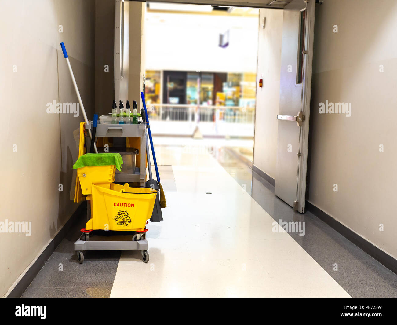 Cleaning tools cart wait for maid or cleaner in the department store ...