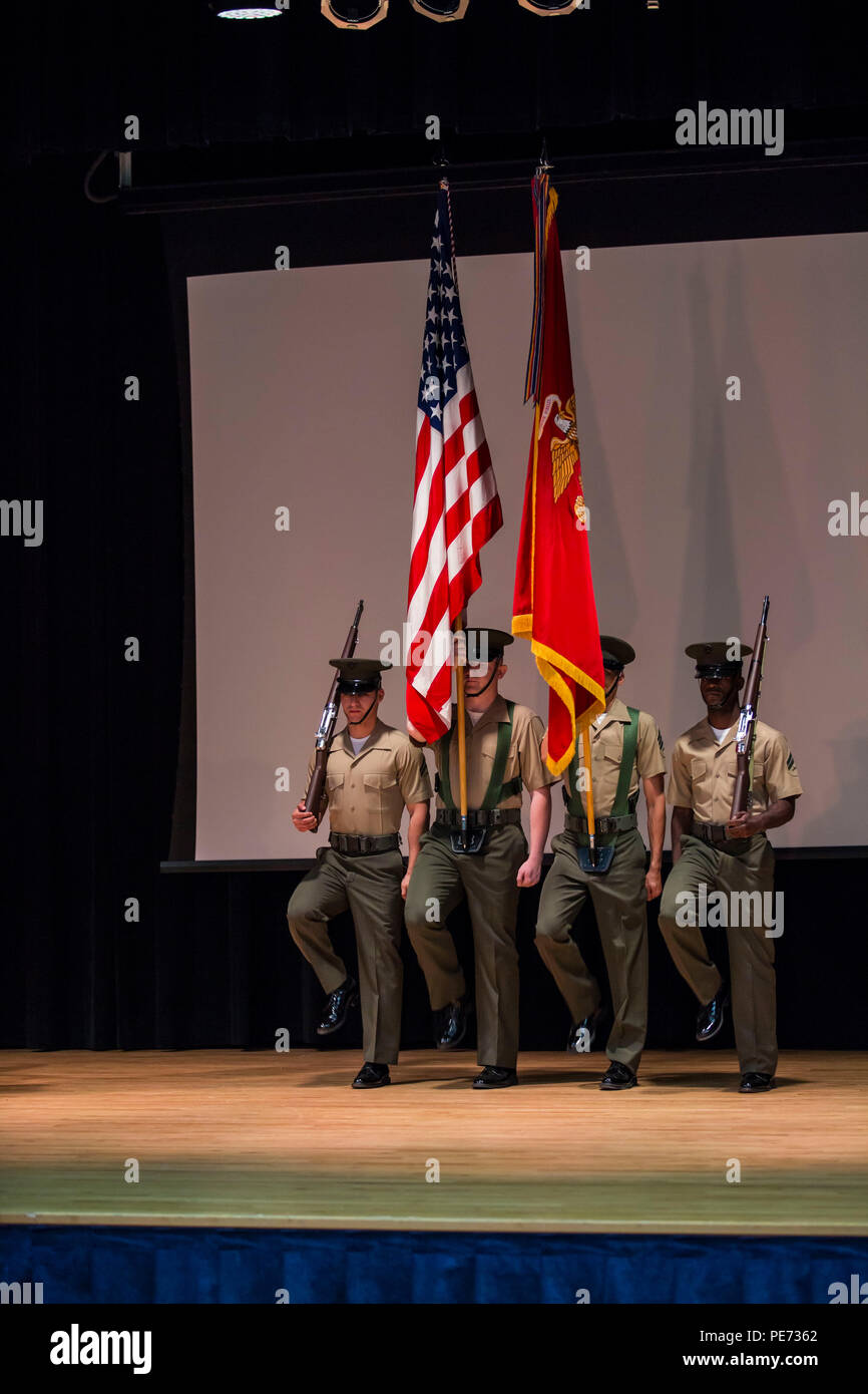 The 5TH Marine Expeditionary Brigade (MEB) color guard march on the ...