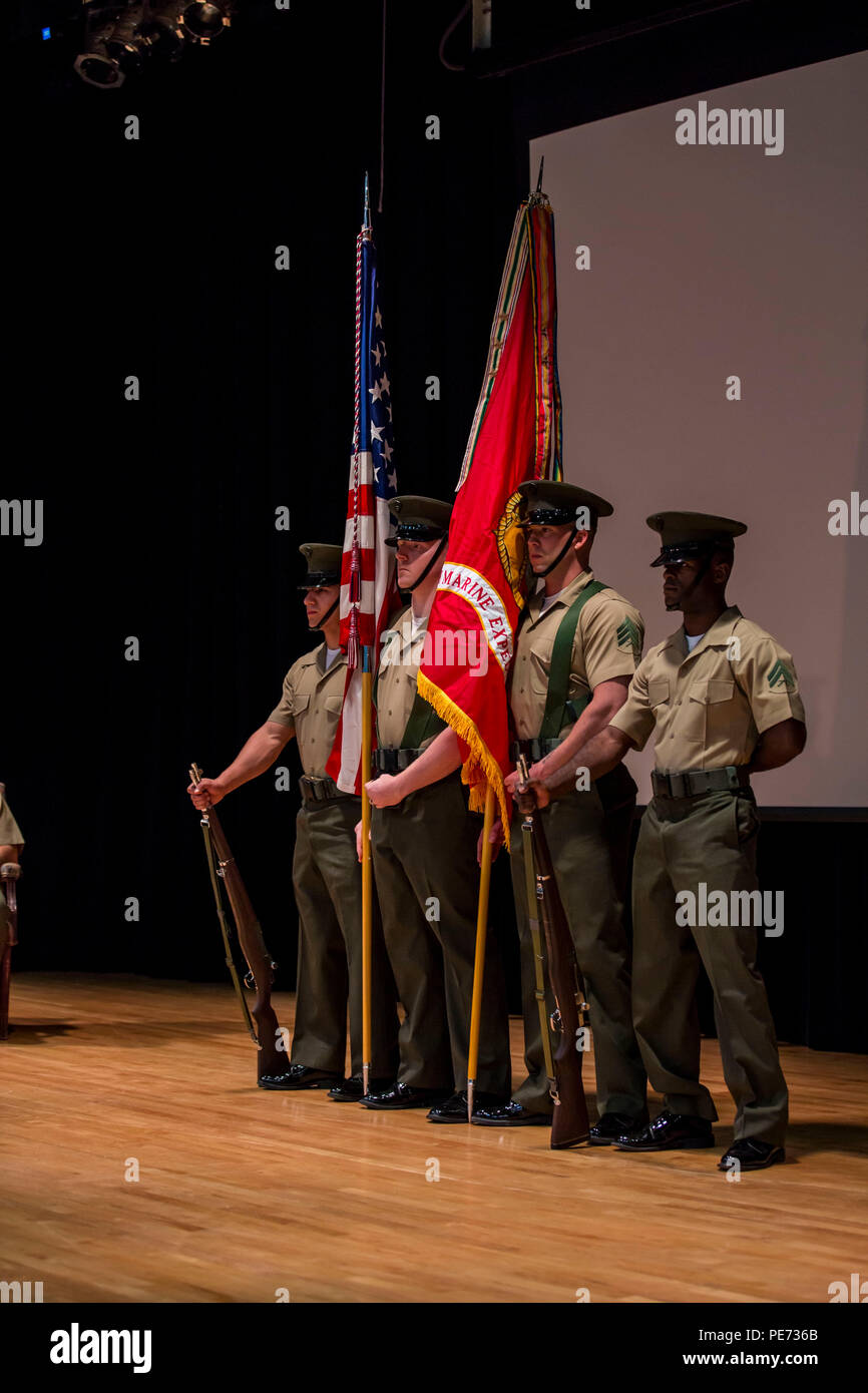The 5TH Marine Expeditionary Brigade (MEB) color guard holds the unit's ...