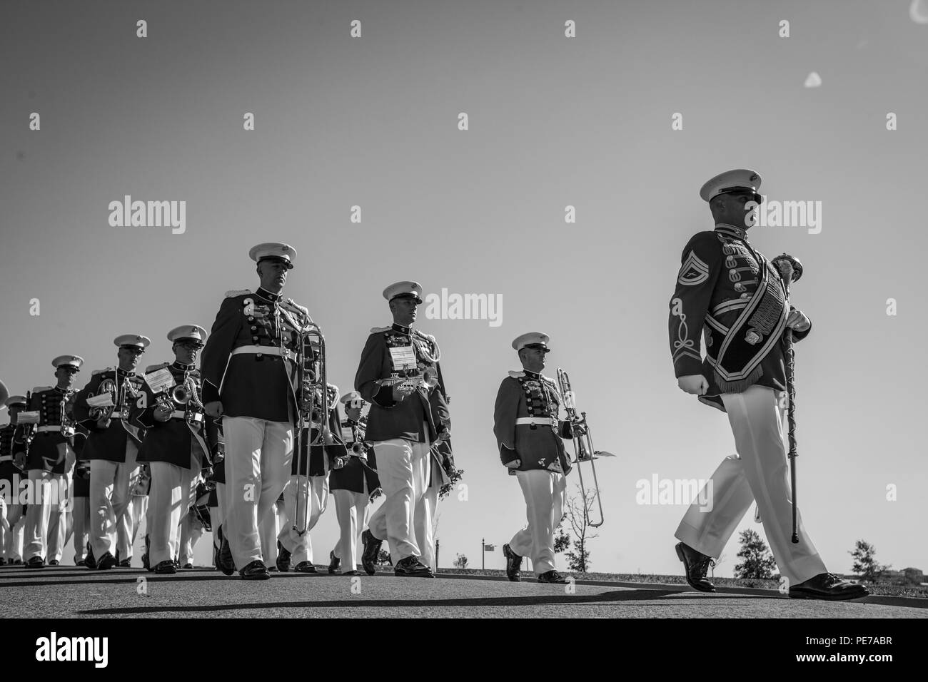 The U.S. Marine Corps Band marches in formation during the funeral of ...